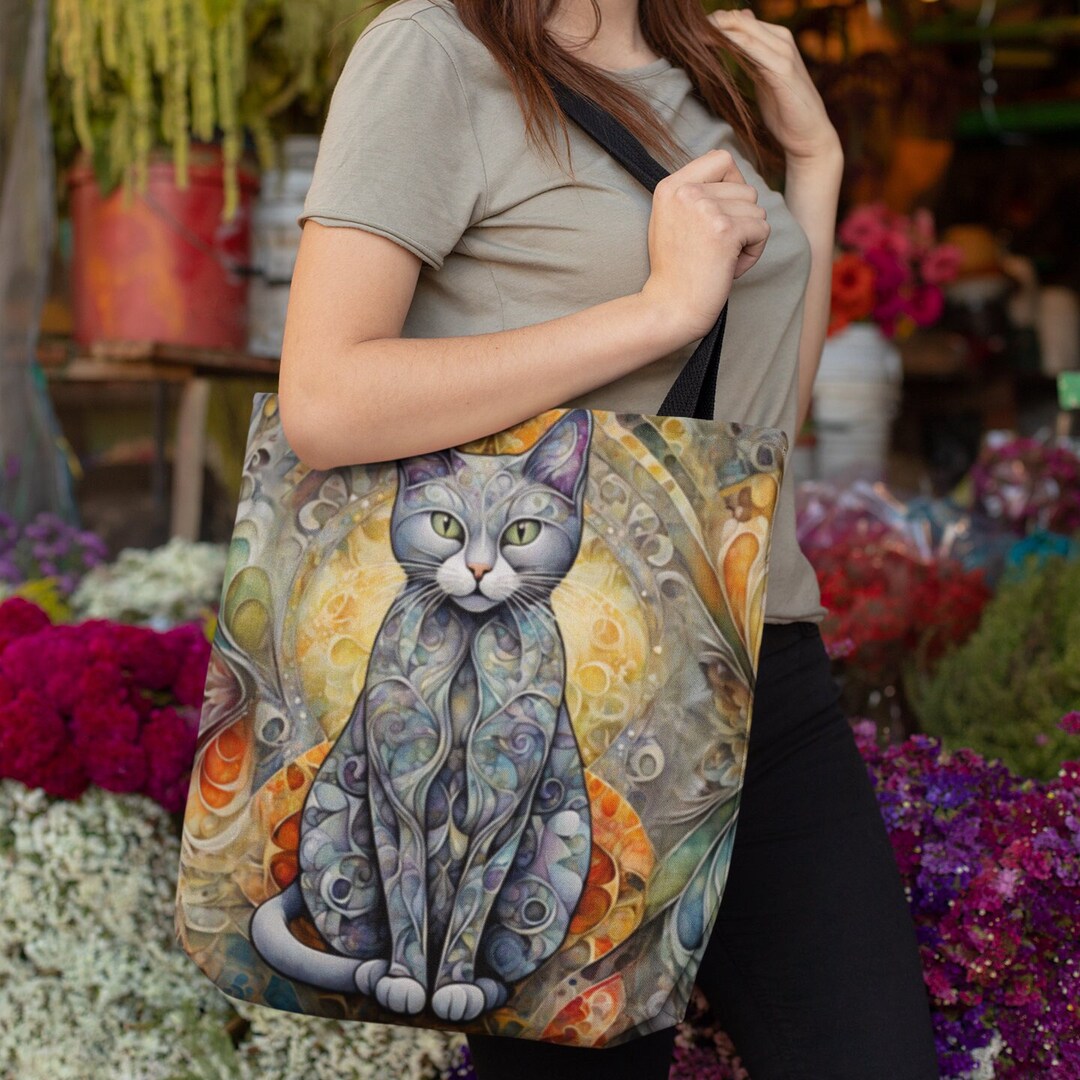 Gray Cat Tote Bag - Art Deco Cat Merch, Quirky Cat Stuff, Cool Tote Bag ...
