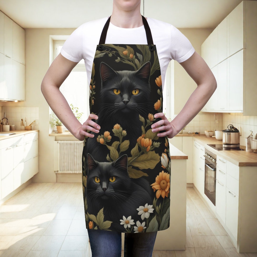 Black Cat Dark Cottagecore Art Apron - Floral Botanical Apron for ...