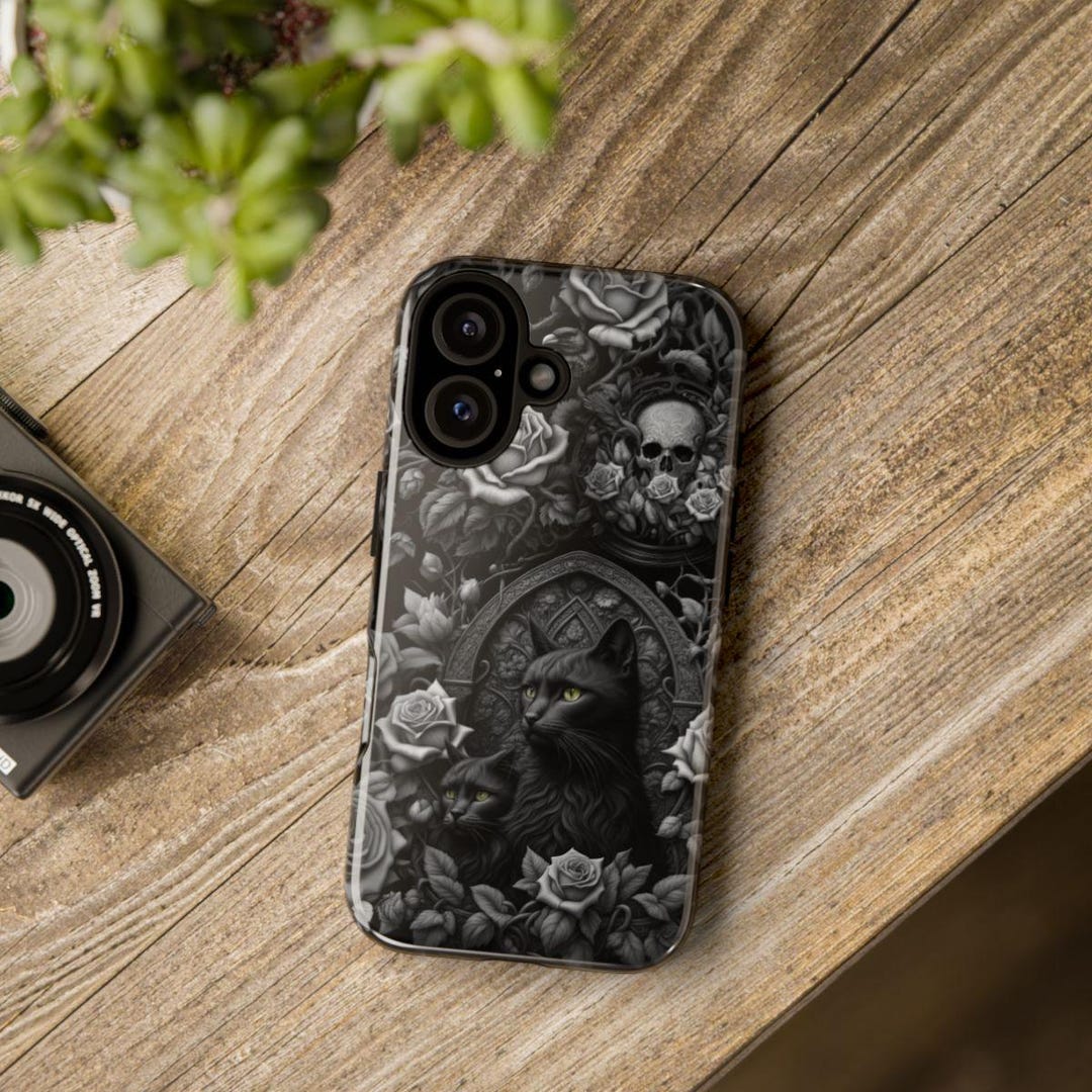 Gothic Black Cat Phone Case With Skull & Roses | Dark Aesthetic Goth ...