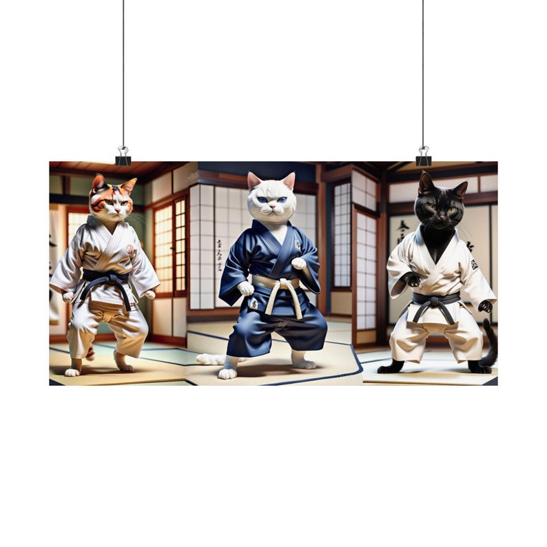Martial Arts Cats Poster Karate Cat Trio Art Print Funny Cat Decor for ...