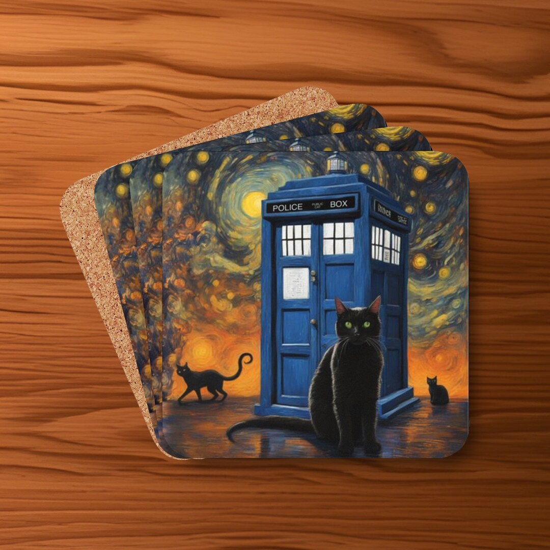 Black Cat Dr Who Coffee Coaster Set - Doctor Style Tardis Cat Coasters ...