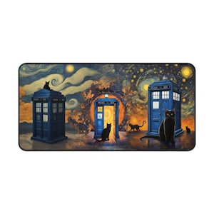 Black Cat Dr Who Desk Mat - Doctor Style Tardis Blue Police Box Starry ...