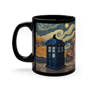 Black Cat Dr Who Mug Doctor Style Tardis Mug, Blue Police Box Starry ...