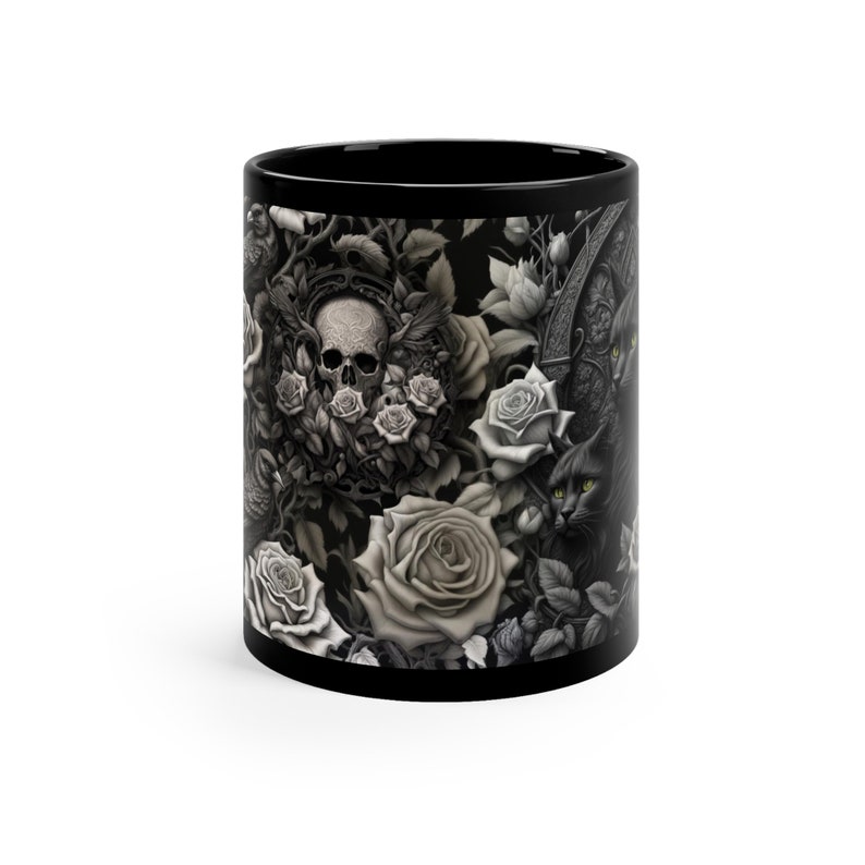 Black Cat Goth Mug - Gothic Artwork of Cat Snake Roses Raven Skull Mug ...
