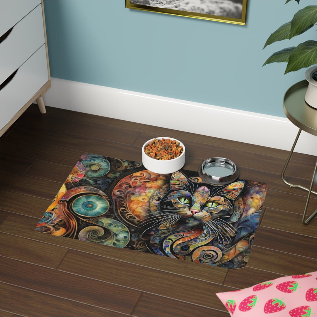 Black Cat Art Deco Pet Food Mat Artistic Cat Food Mat, Cat Mat, Cute ...