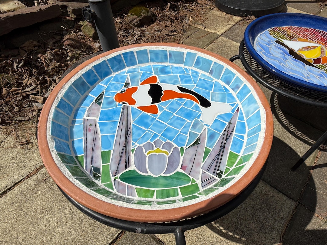 Koi Fish Birdbath, Koi Water Lily Mosaic, Mosaic Bird Bath, Outdoor ...