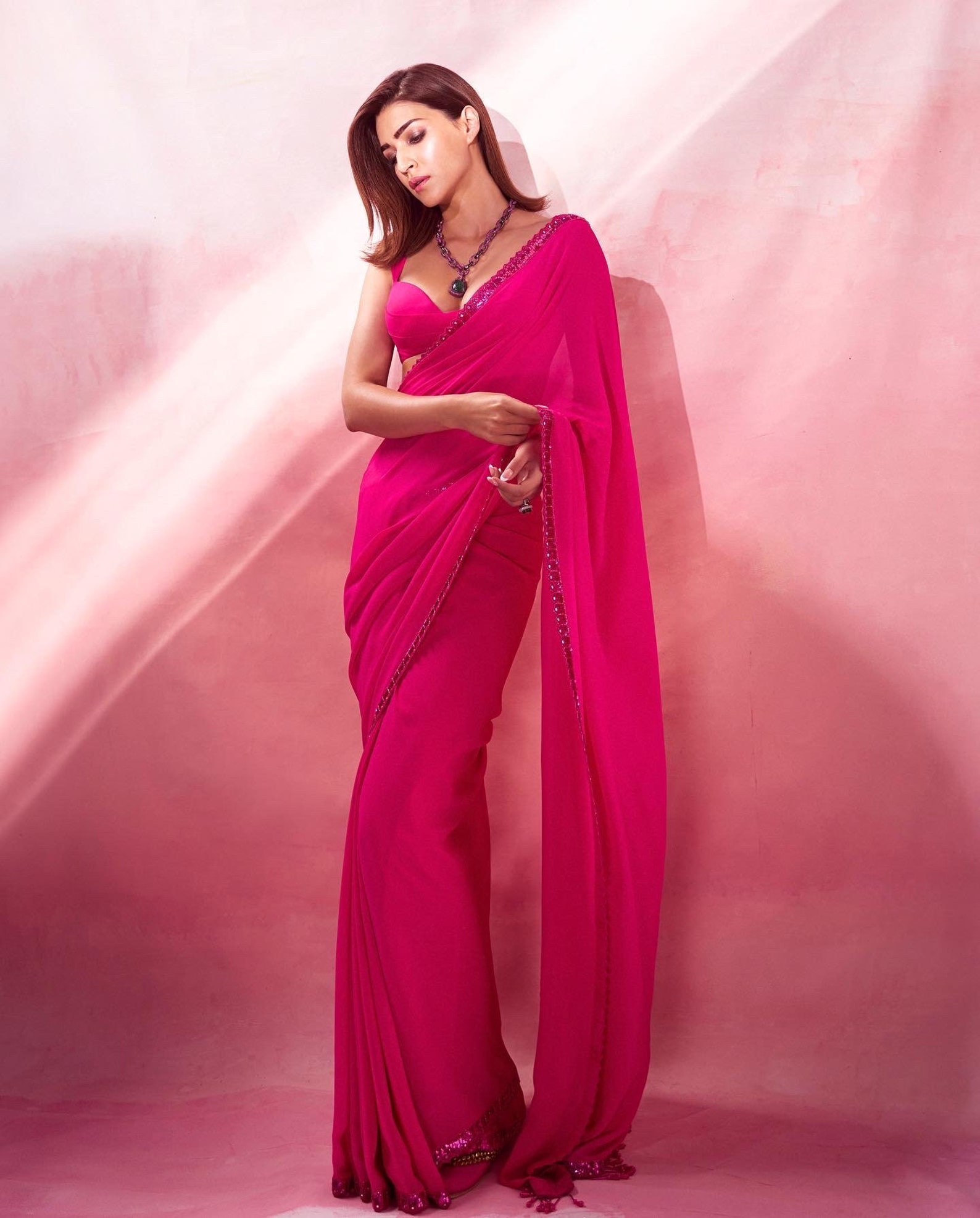 Kriti Sanon Inspired Pink Colored Georgette Bollywood Designer Saree, Saree for USA Women ...