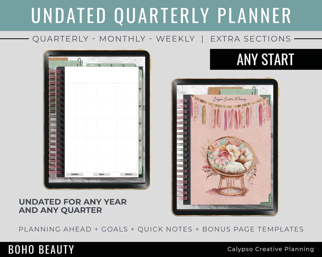 Undated Boho Beauty Quarterly Vertical Spiral Planner / Digital Planner ...