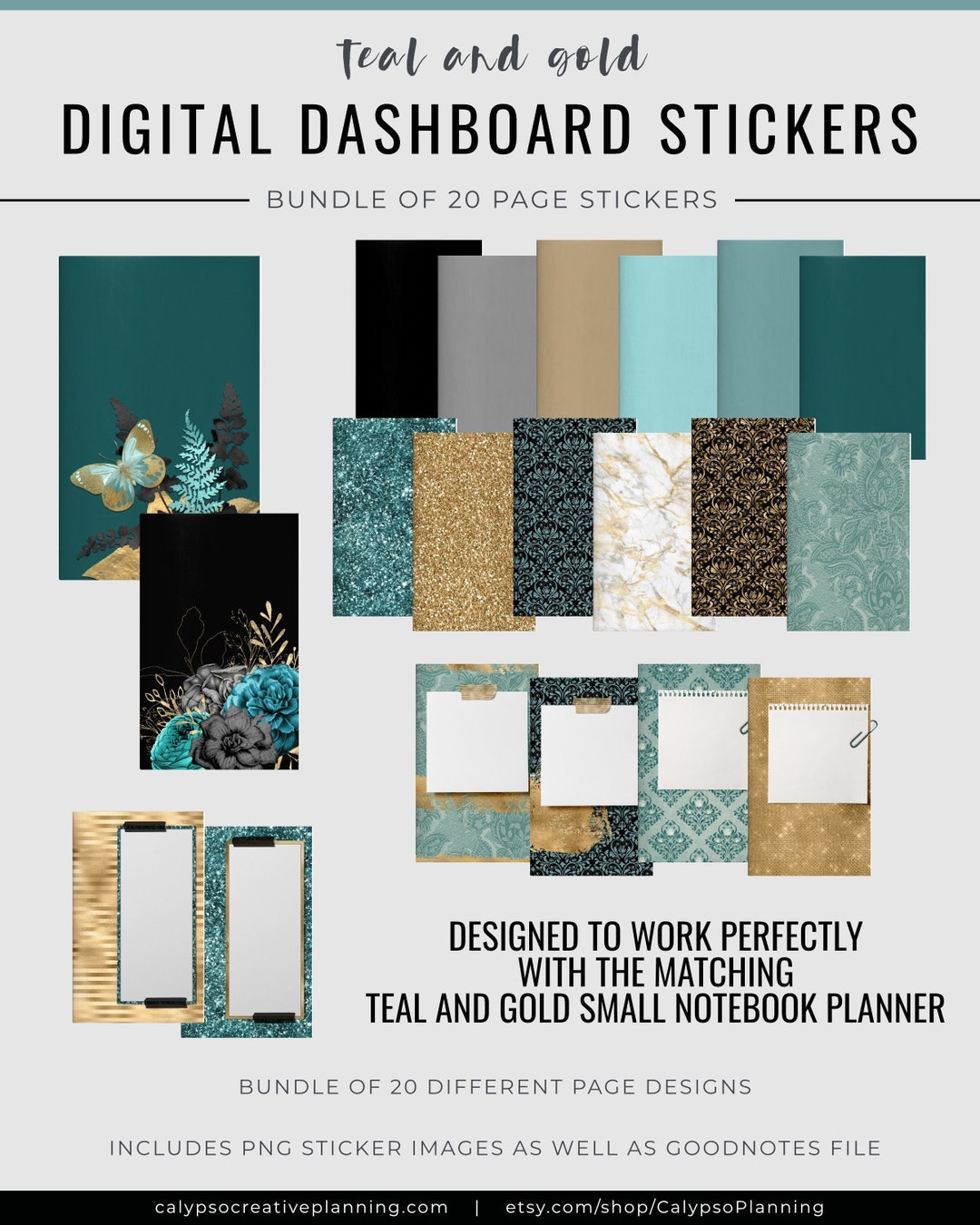 Teal and Gold Dashboard Page Stickers for Small Notebook / Goodnotes ...