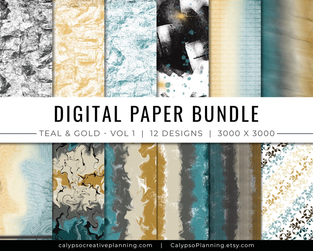 Teal and Gold Digital Paper Pattern Bundle Vol 1 / Scrapbooking Paper ...