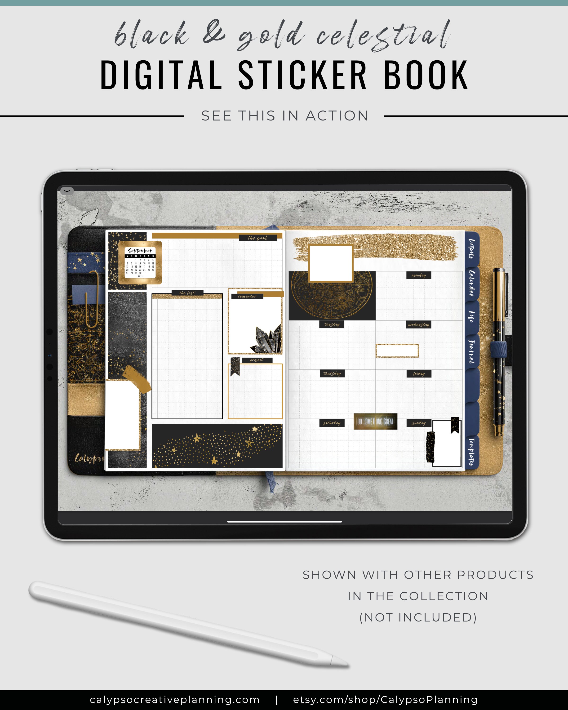 Black and Gold Celestial Digital Sticker Book / Goodnotes | Etsy