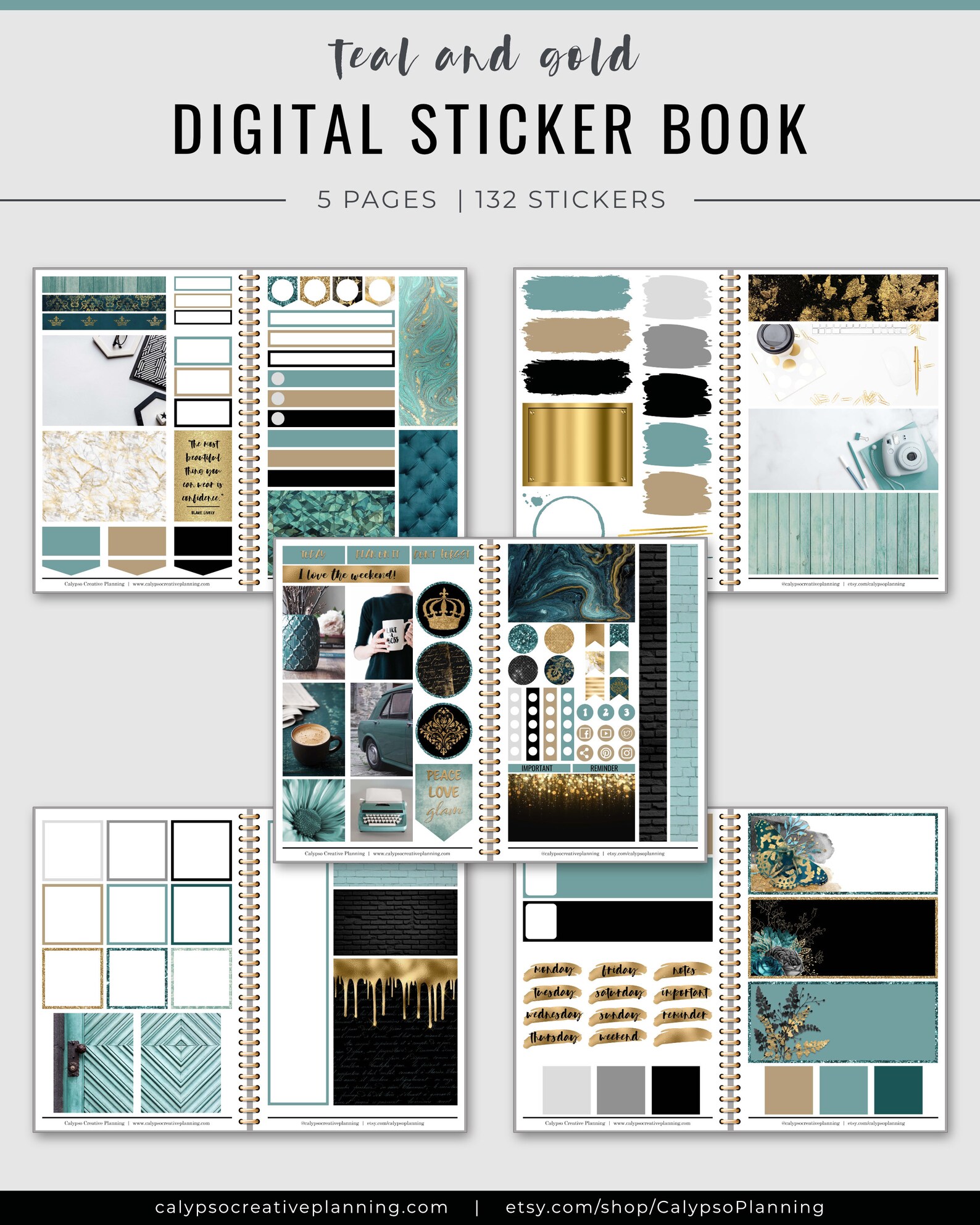 Teal and Gold Digital Sticker Book / Goodnotes Stickers / - Etsy