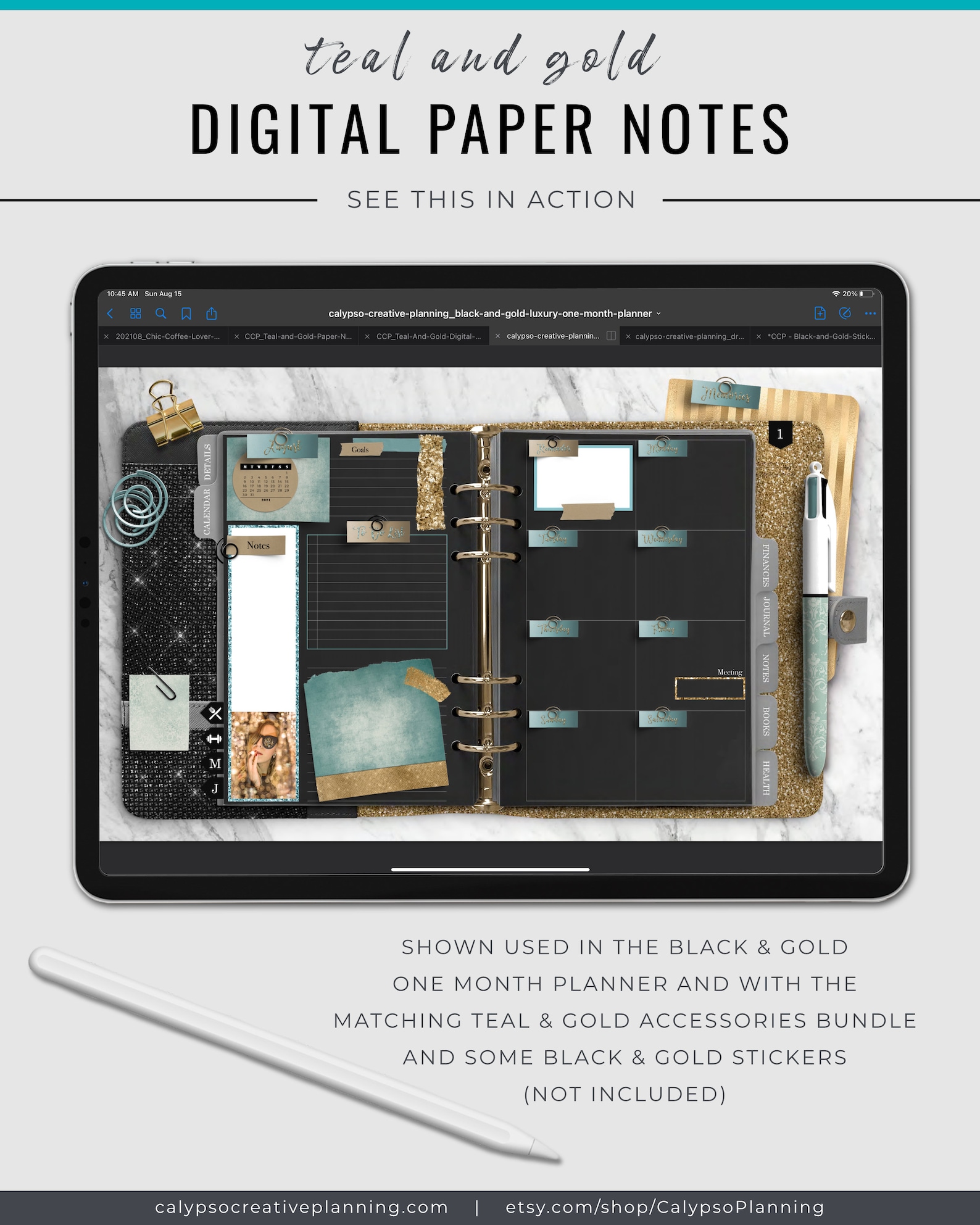 Teal and Gold Paper Notes Sticker Kit / Mini Digital Sticker Kit ...