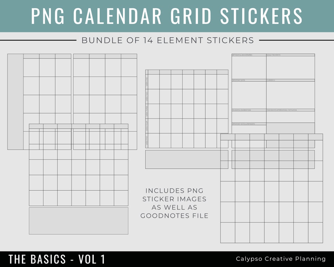 PNG Calendar Grid Stickers - Basics Vol 1 / Digital Planner Stickers ...