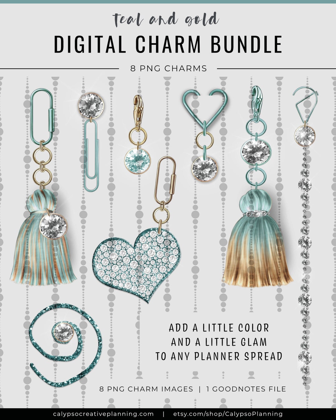 Teal and Gold Digital Planner Charms / Glam Charms / Tassel Charms ...