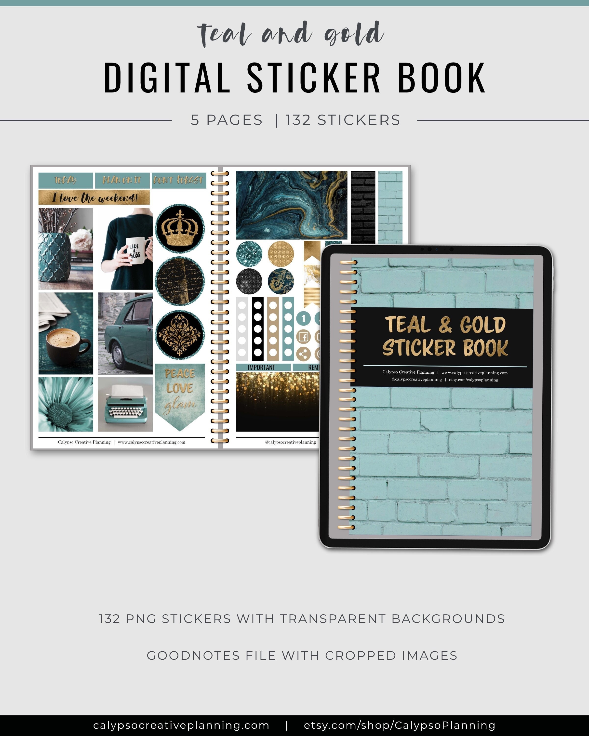 Teal and Gold Digital Sticker Book / Goodnotes Stickers / - Etsy