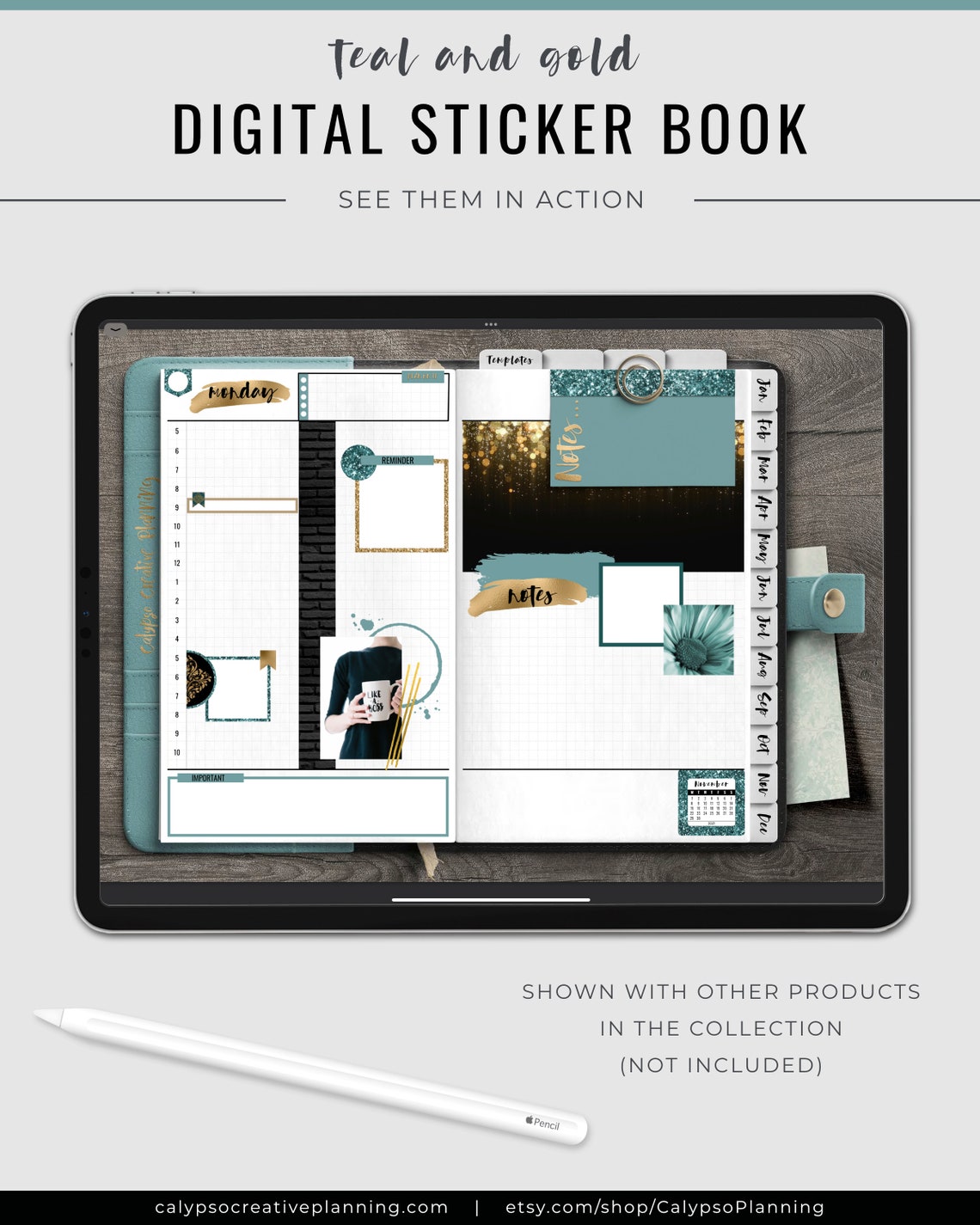 Teal and Gold Digital Sticker Book / Goodnotes Stickers / - Etsy