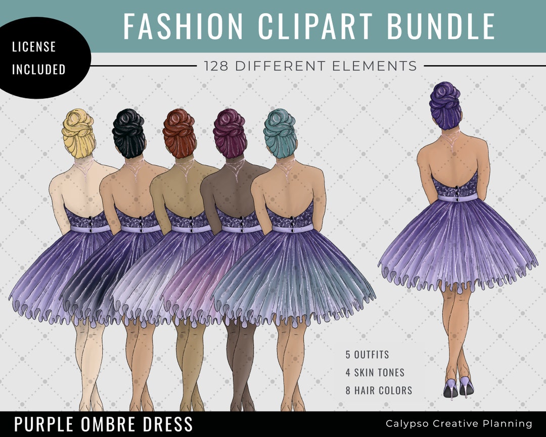 Purple Ombre Dress Fashion Girl Clipart Bundle / Character Illustration ...