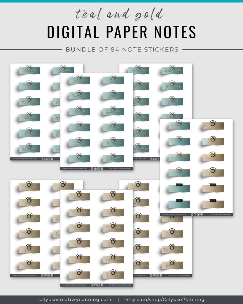 Teal and Gold Paper Notes Sticker Kit / Mini Digital Sticker Kit ...