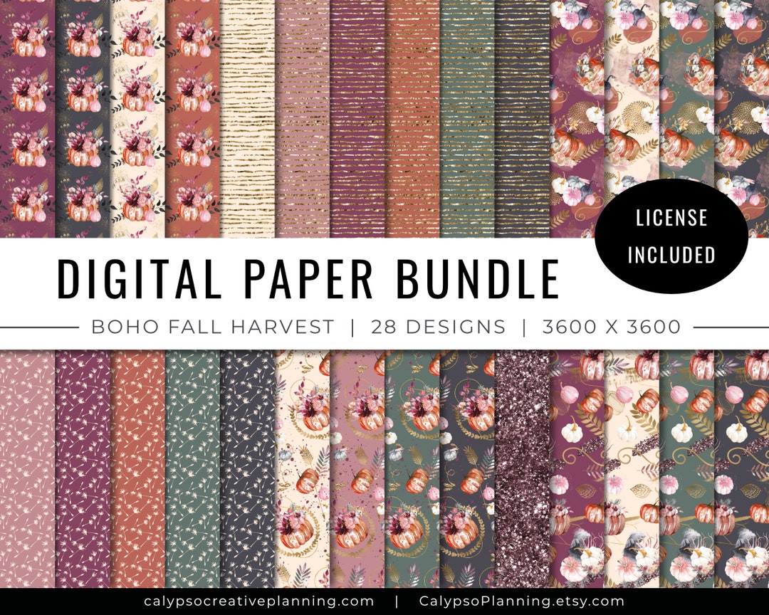Boho Fall Harvest Digital Paper Pattern Mega Bundle V2 / Scrapbooking ...