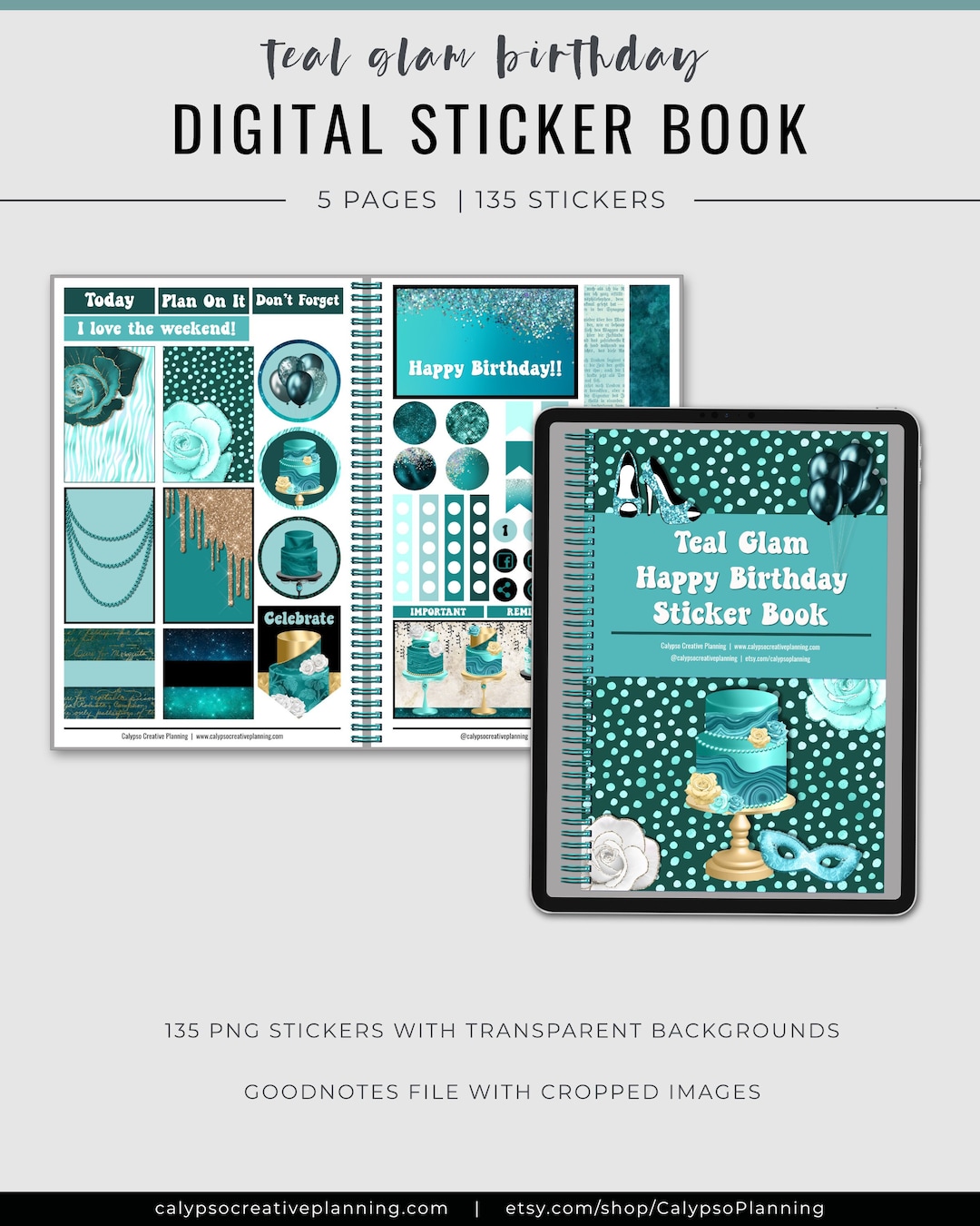 Teal Glam Birthday Sticker Book / Goodnotes Stickers / Digital Stickers ...