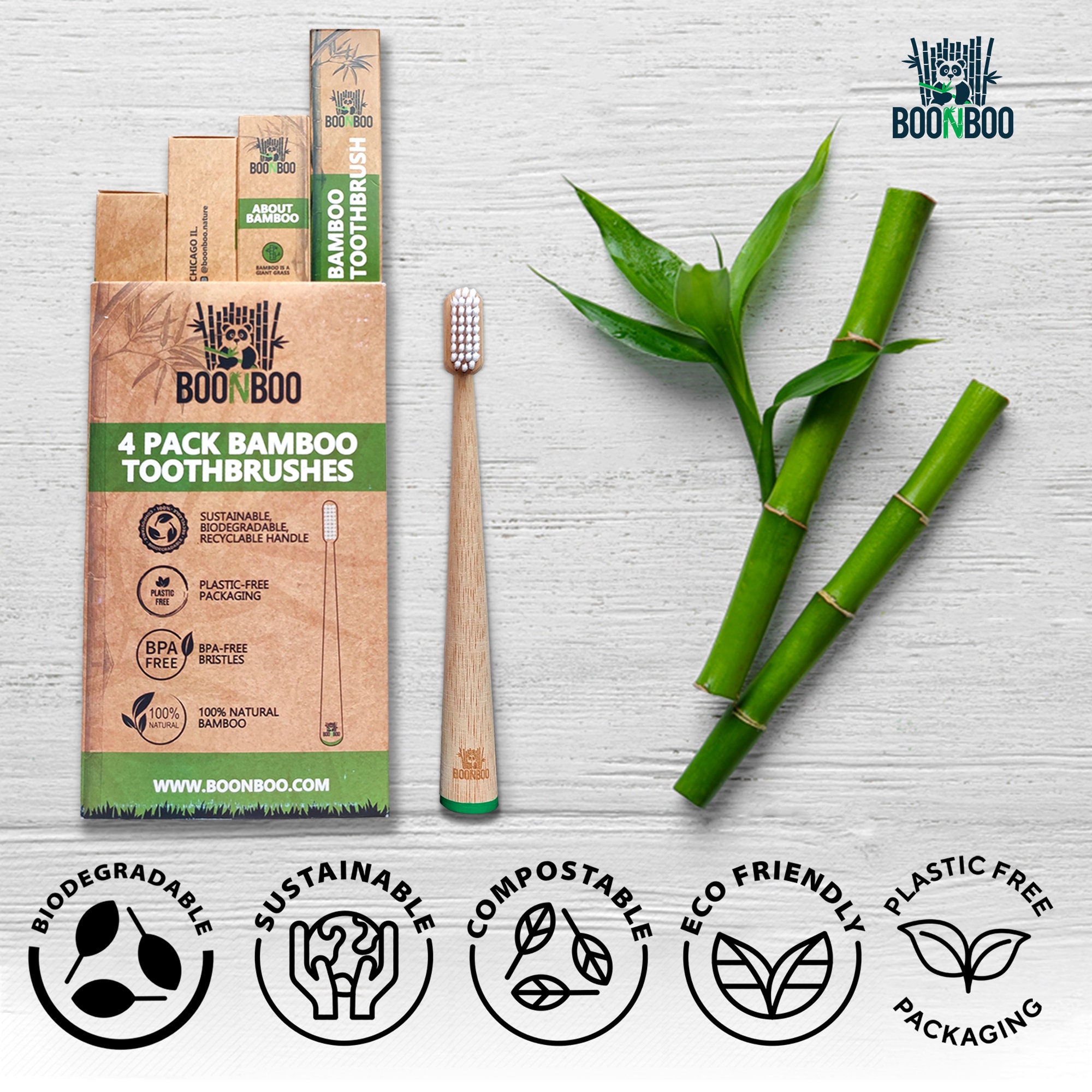 BOONBOO Toothbrushes | 4 Pack Bamboo Toothbrushes | Self Standing ...