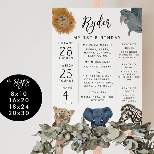 Editable Safari Animals Birthday Milestone Sign Jungle - Etsy