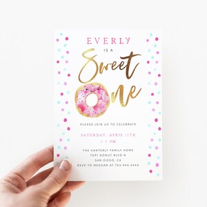 Printable Sweet One Donut Birthday Party Invite, Girls 1st Birthday ...