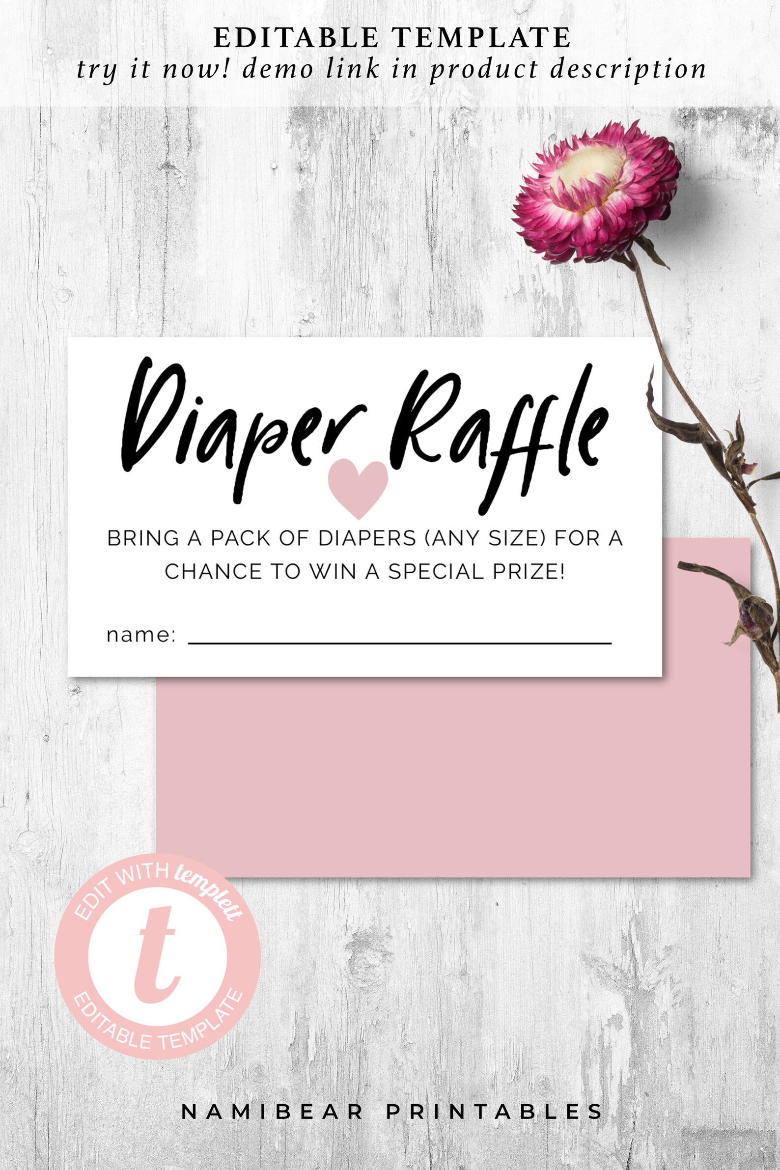 Printable Diaper Raffle Ticket Instant Download Pink Heart | Etsy