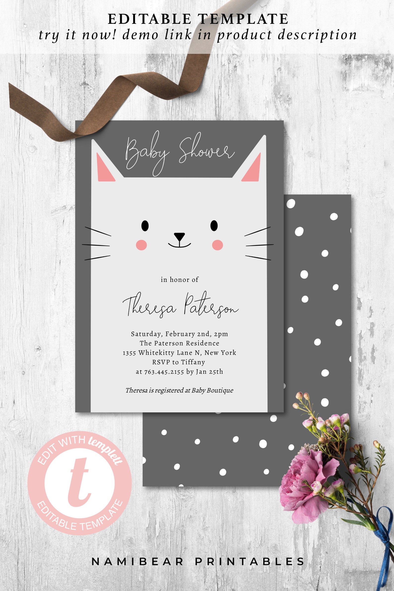 Kitty Cat Baby Shower Invitation | Kitten Baby Shower Invite | Gender ...