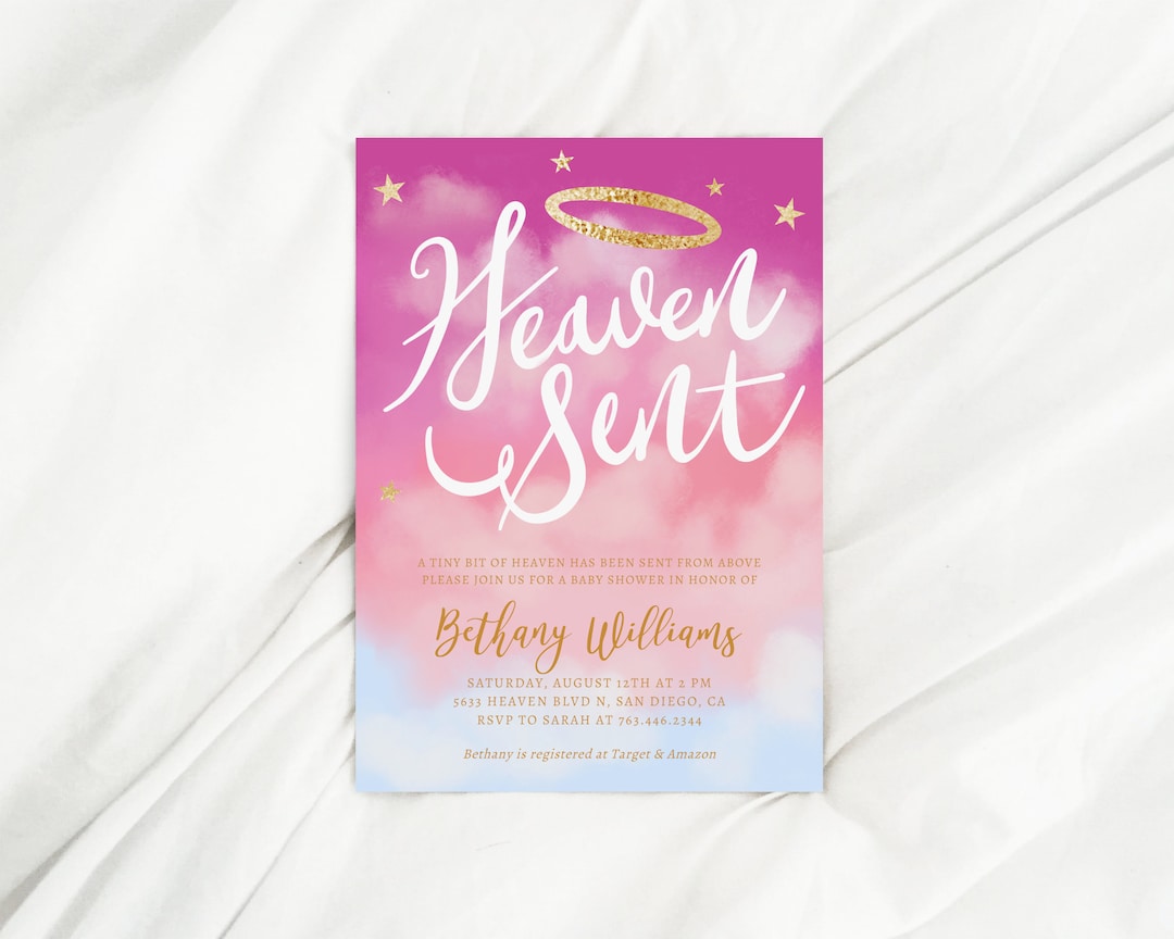 Heaven Sent Girl Baby Shower Invitation |angel Gold Halo Pink Invite ...