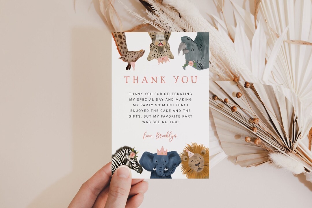 Printable Safari Theme Girl's Birthday Party Thank You Card Editable ...