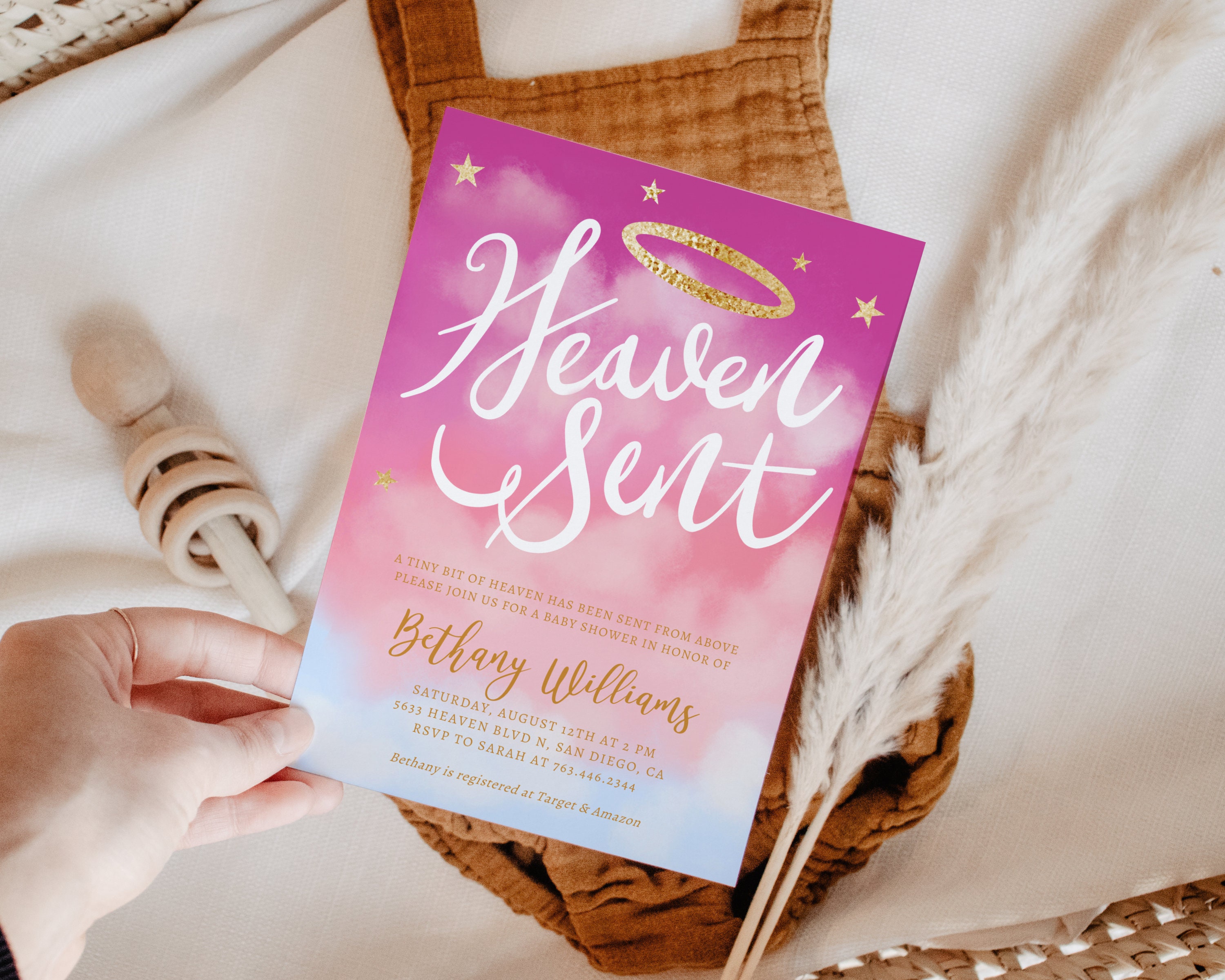 Heaven Sent Girl Baby Shower Invitation |angel Gold Halo Pink Invite ...