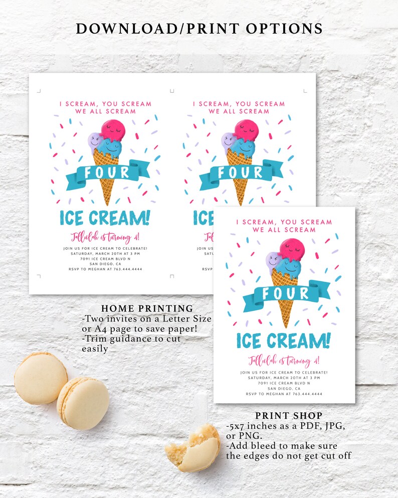 Printable Ice Cream 4th Birthday Party Editable Scream FOUR - Etsy