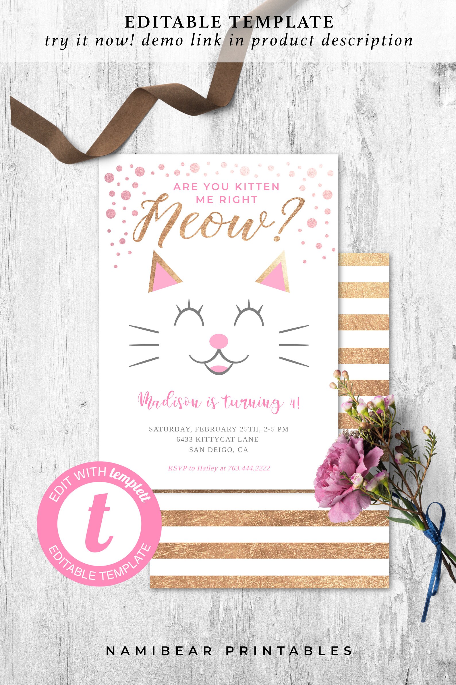 Printable Kitty Cat Theme Kid's Birthday Party Editable - Etsy