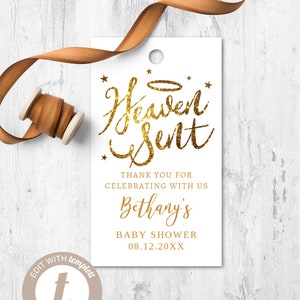 Printable Heaven Sent Theme Baby Shower Favor Tag, Instant Download ...