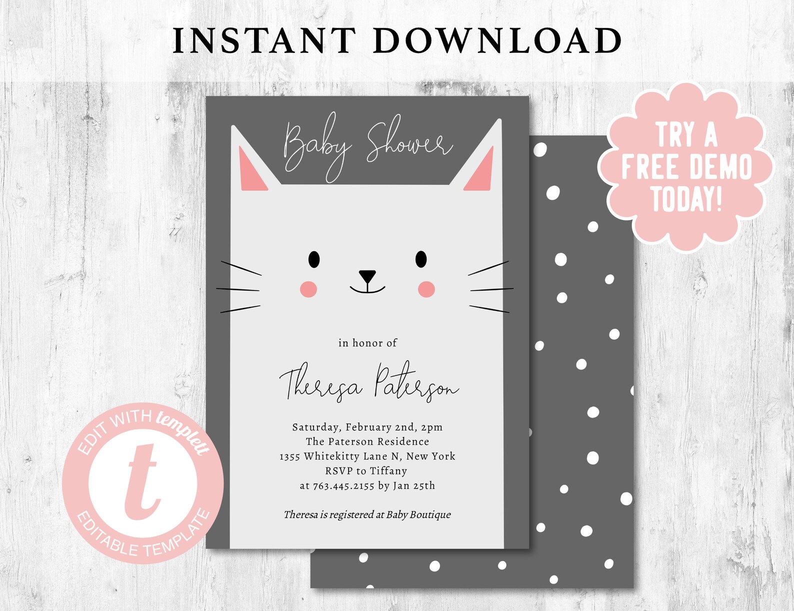 Kitty Cat Baby Shower Invitation | Kitten Baby Shower Invite | Gender ...