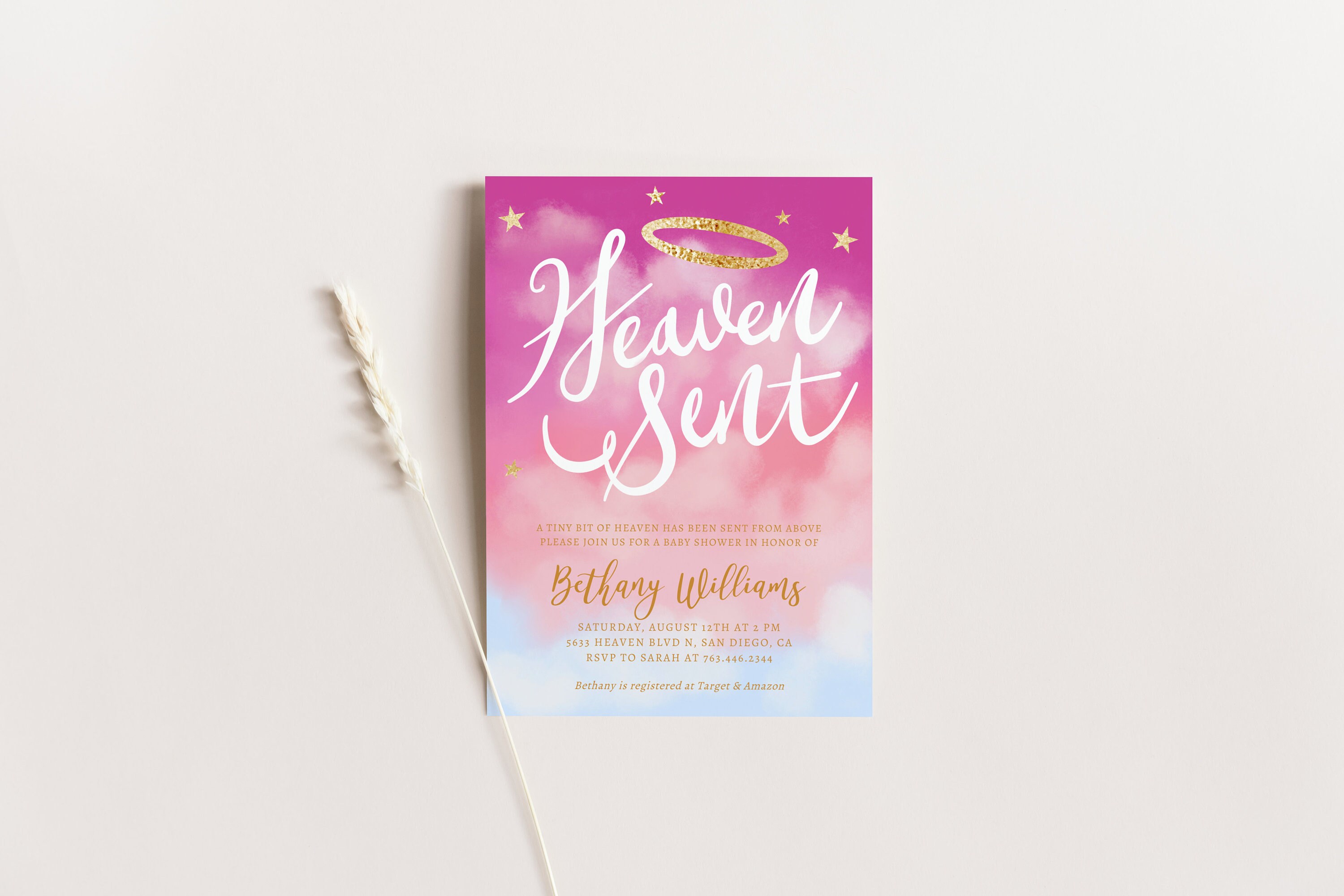Heaven Sent Girl Baby Shower Invitation |angel Gold Halo Pink Invite ...