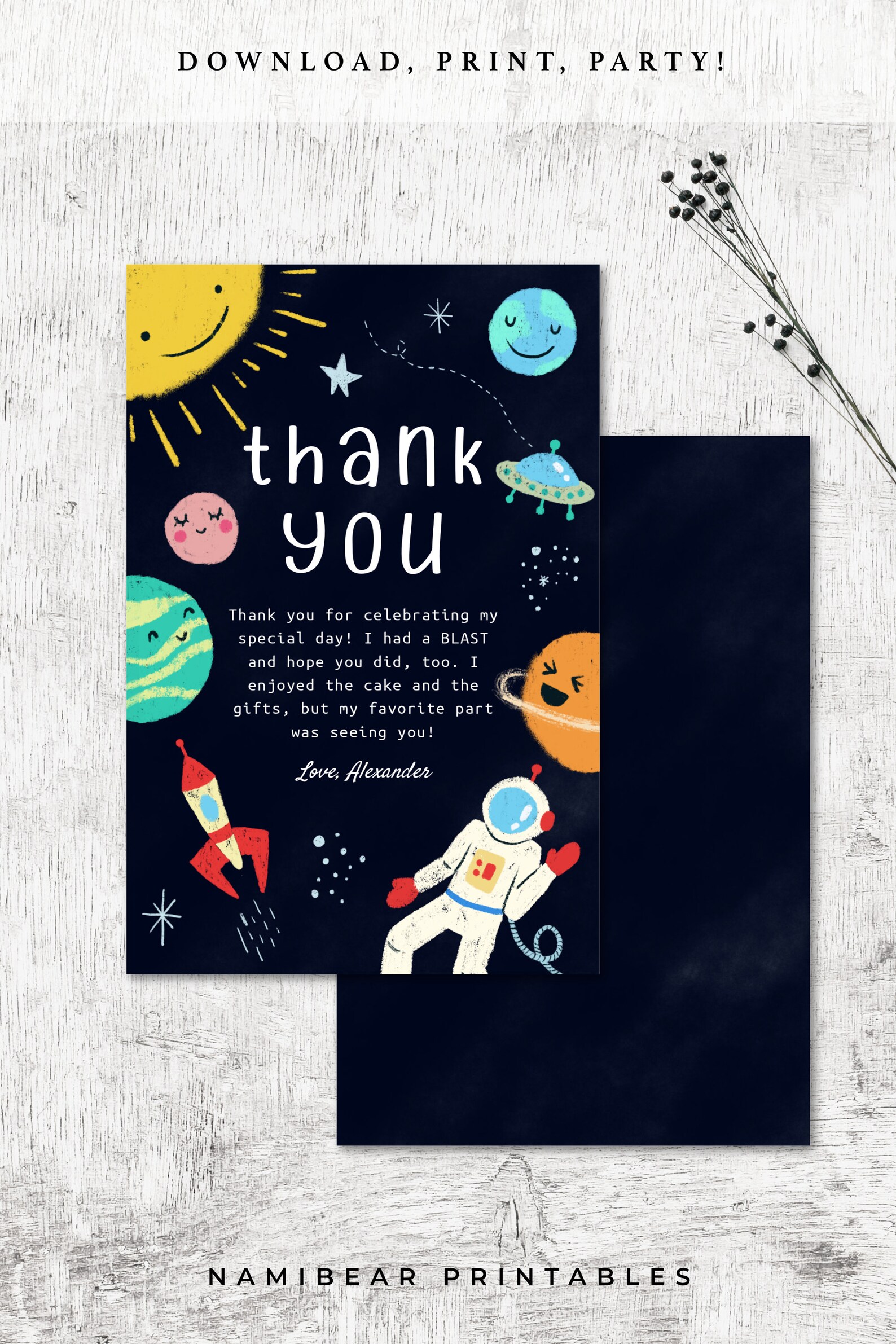 Printable Space Theme Kids Birthday Party Thank You Card , Editable ...