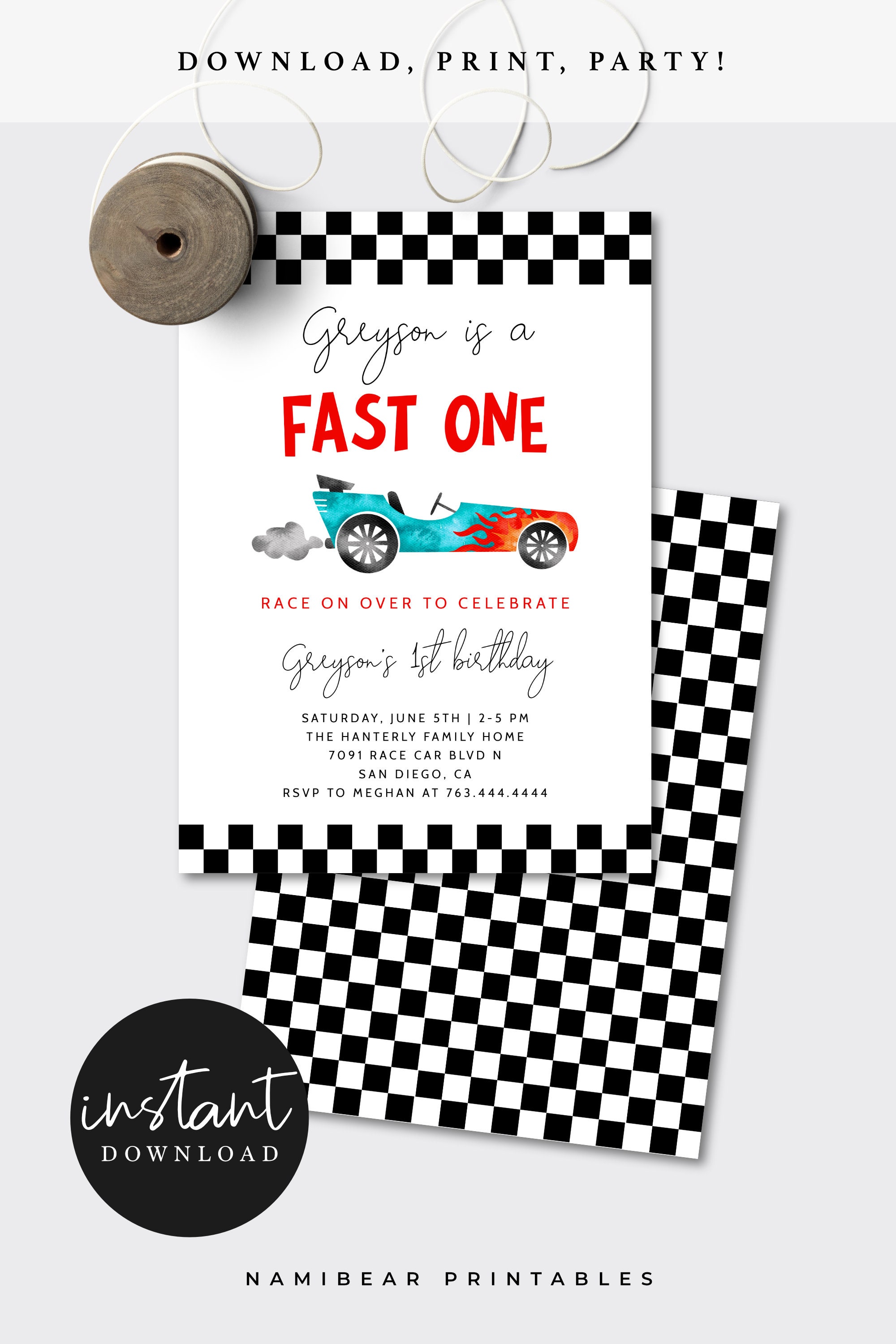 FAST ONE Race Car Birthday Party Invitation Editable | Etsy