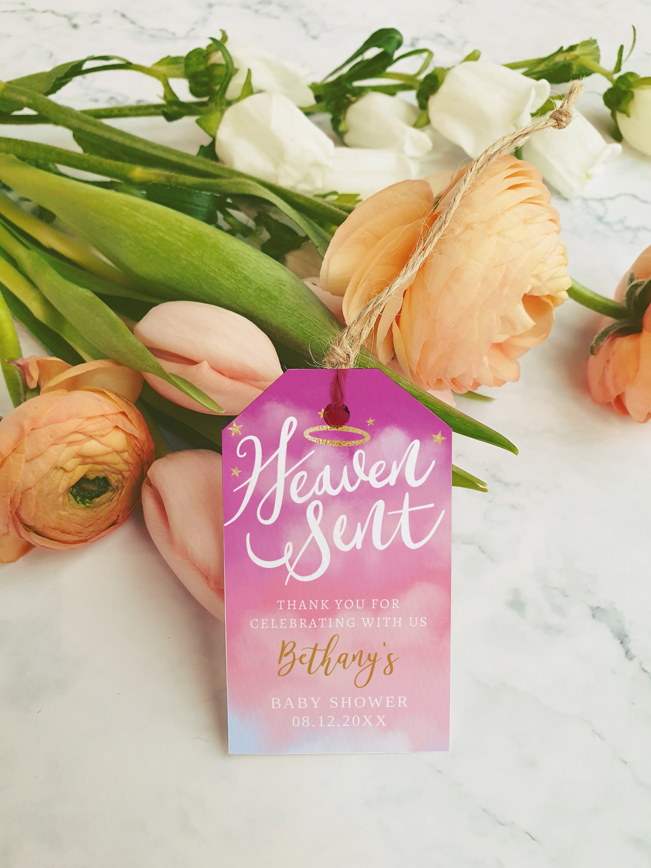Heaven Sent Favor Tag | Girl Baby Shower | Instant Download | Gold Halo ...
