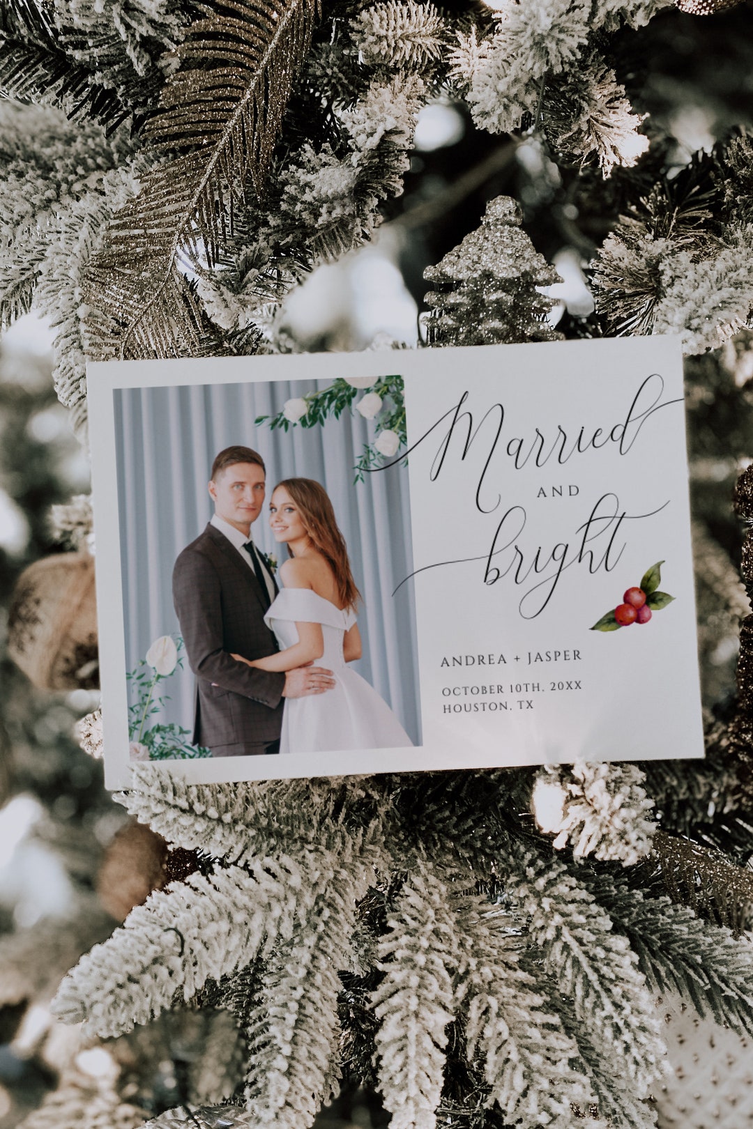 Married and Bright Christmas Card | Newlywed Christmas Card | Holiday ...