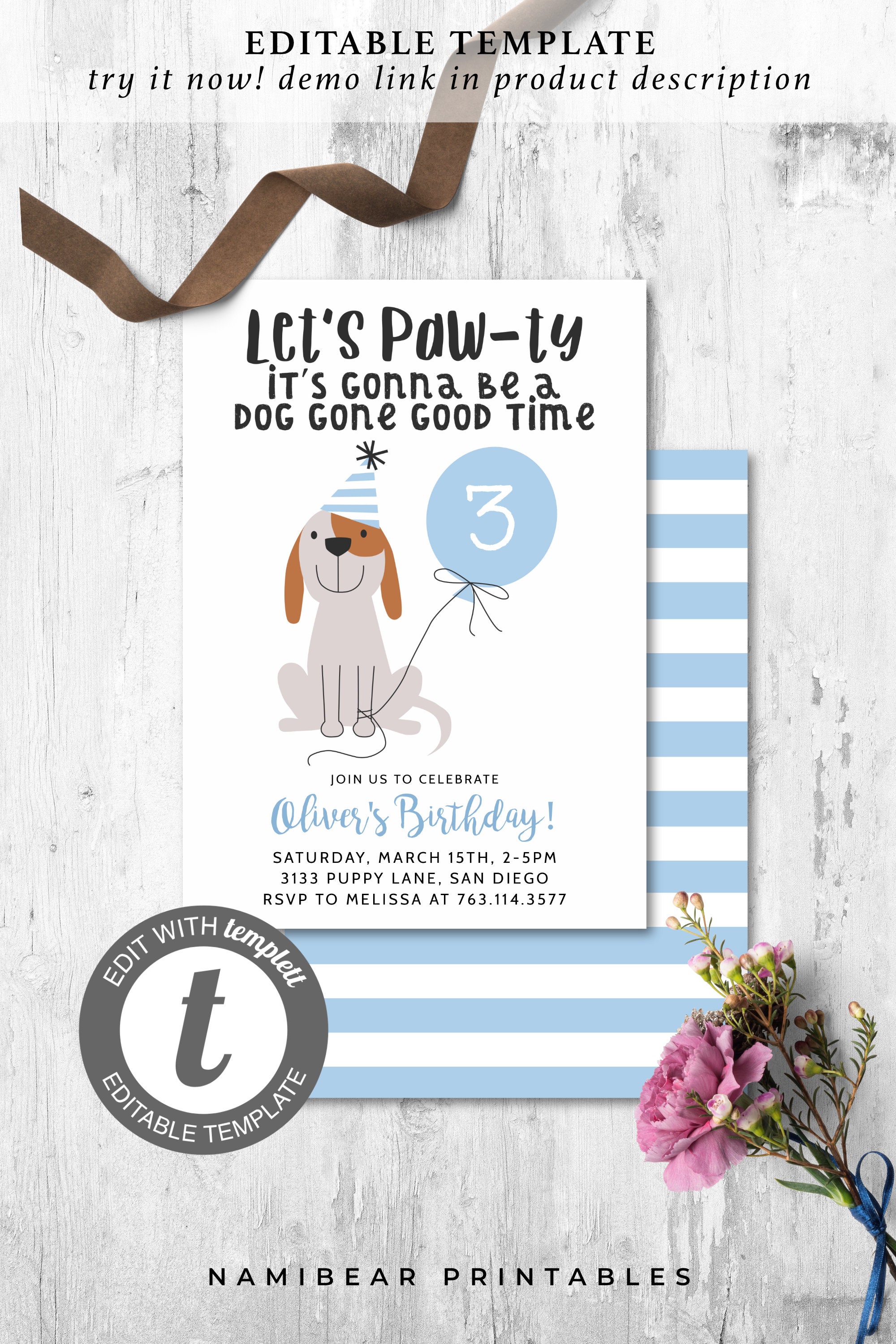 Printable Puppy Dog Theme Birthday Party Editable Blue - Etsy