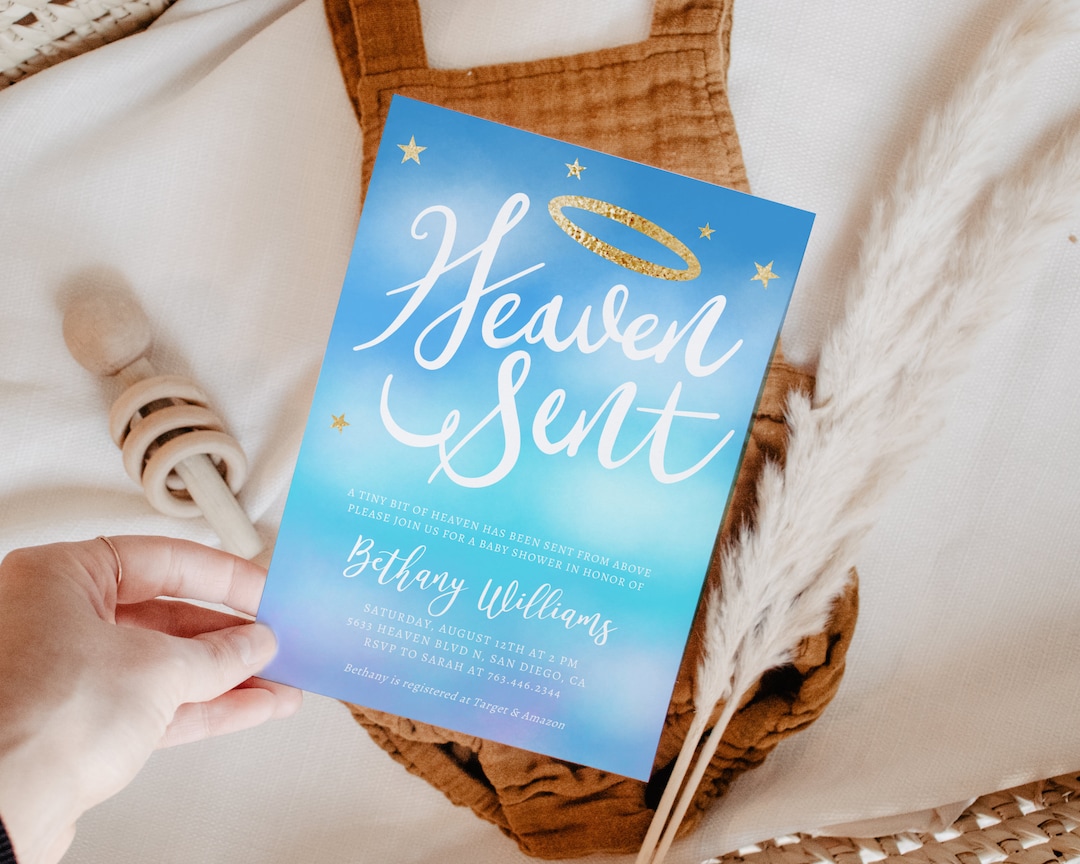Heaven Sent Baby Shower Invitation | Boy Baby Shower Invite | Angel ...