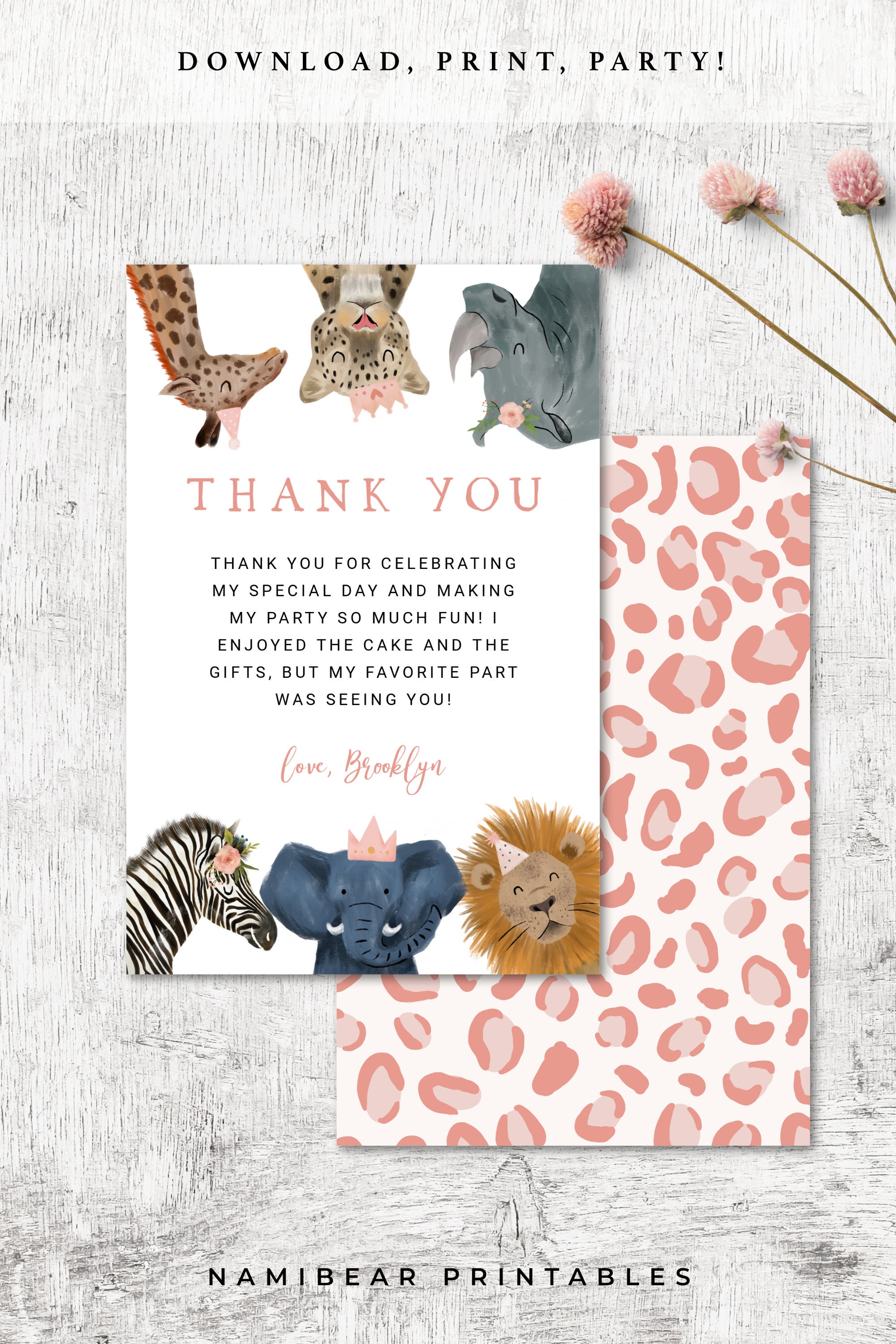 Printable Safari Theme Girl's Birthday Party Thank You - Etsy