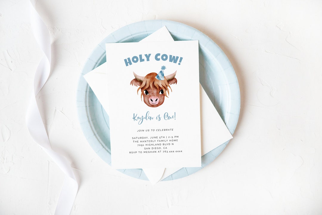 Highland Cow Birthday Invitation | Holy Cow Invite | Boy Birthday Party ...