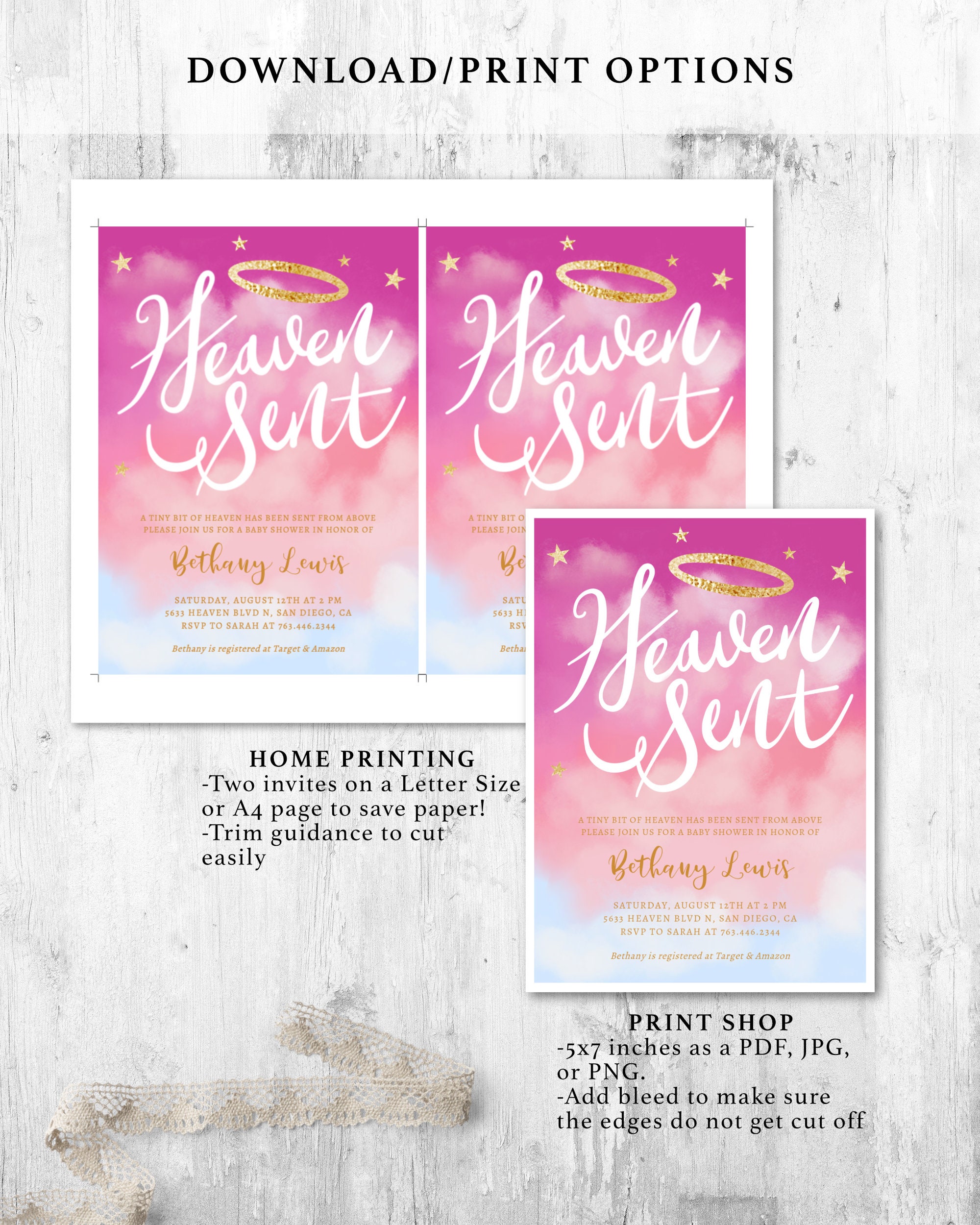 Heaven Sent Girl Baby Shower Invitation |angel Gold Halo Pink Invite ...