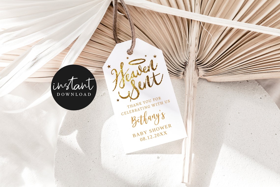 Printable Heaven Sent Theme Baby Shower Favor Tag, Instant Download ...