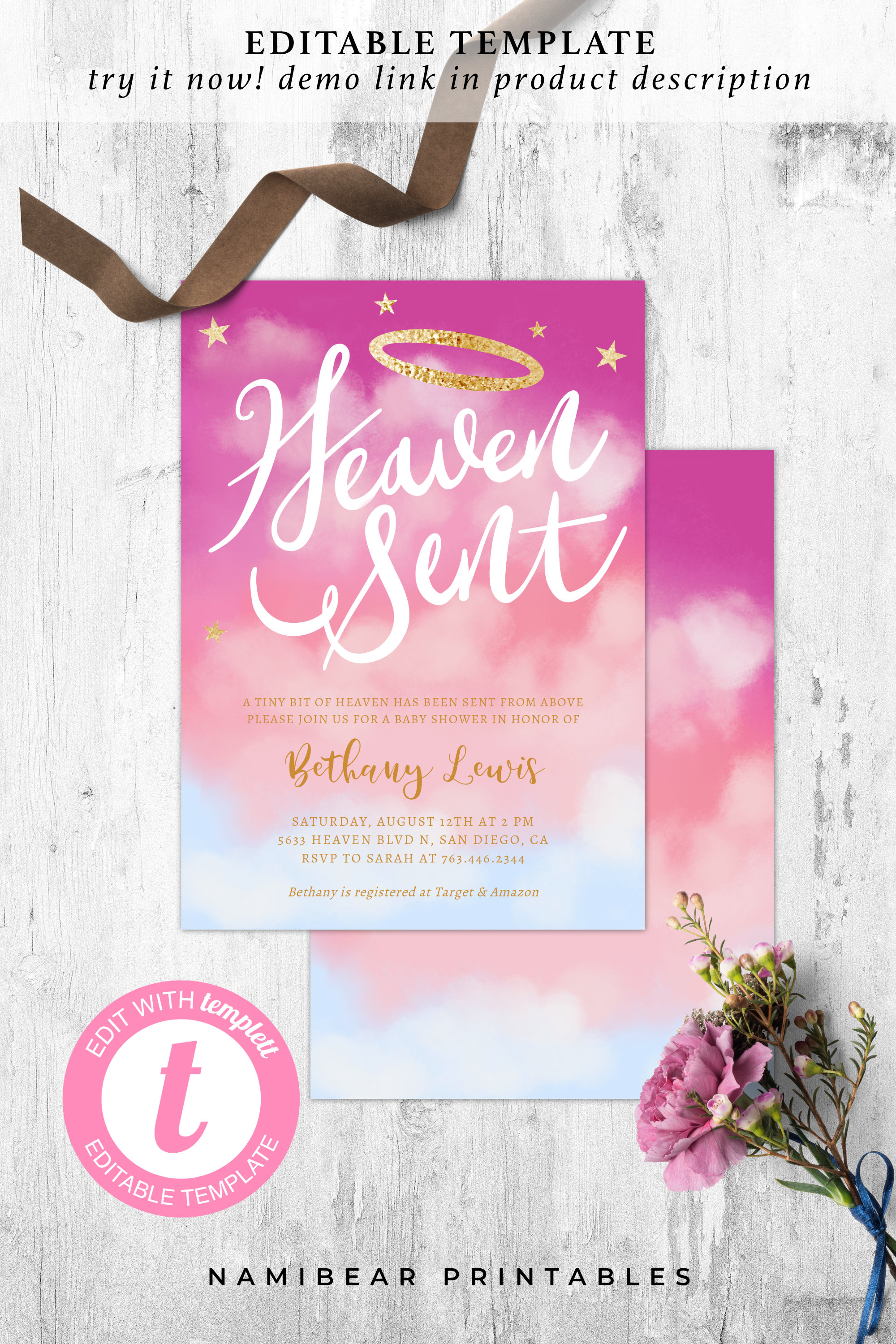 Heaven Sent Girl Baby Shower Invitation |angel Gold Halo Pink Invite ...