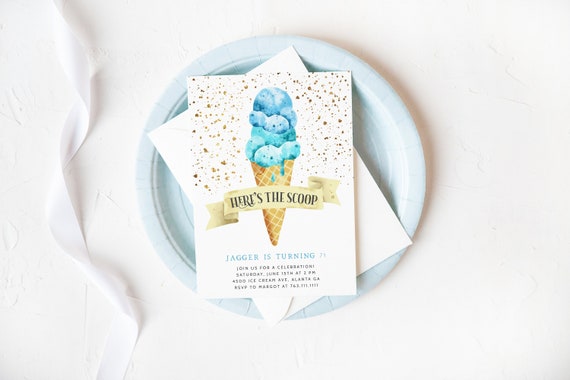 Blue Ice Cream Birthday Party Invitation Here's the | Etsy
